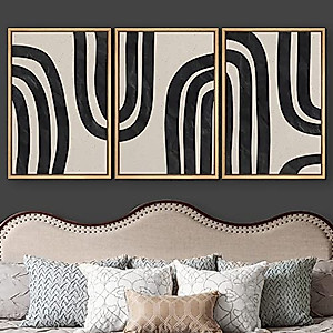 wall26 Framed Canvas Wall Art Print Set Black & Tan Spiral Polygon Collage Abstract Patterns Illustrations Modern Art Mid-Century Modern Colorful for Living Room, Bedroom, Office - 16"x24"x3 Natural