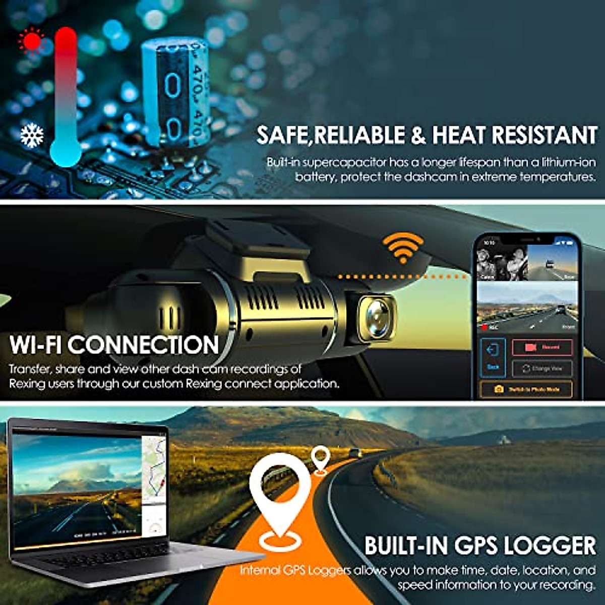 RexingUSA V2 PRO AI Dash Cam 3-Channel Front/Cabin/Rear 1080p Recording with Mobile App Night Vision Dash Camera w/Front Collision Warning, Pedestrian Alert, Lane Departure Warning,Clear to Go Alert