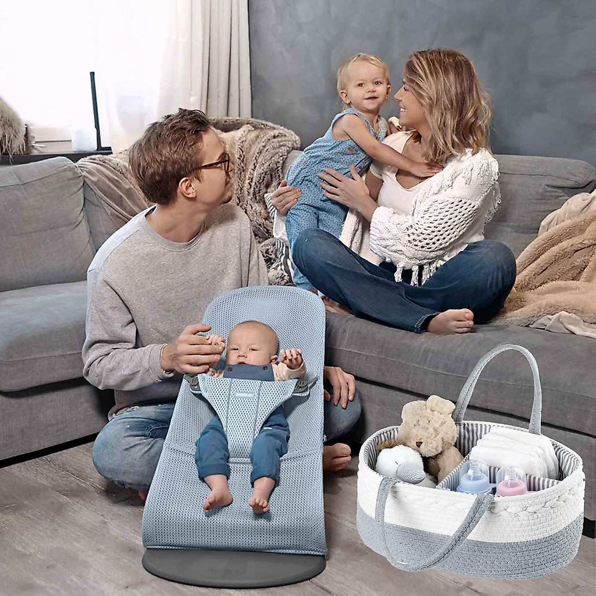 Luxury Care Baby Diaper Caddy Organizer,Rope Nursery Storage Bin for Boys and Girls,Cotton Rope Shower Gift Basket,With Canvas Bag