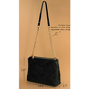 HOXIS Faux Fur Furry Crossbody Shoulder Handbag Clutch Purse (Black)