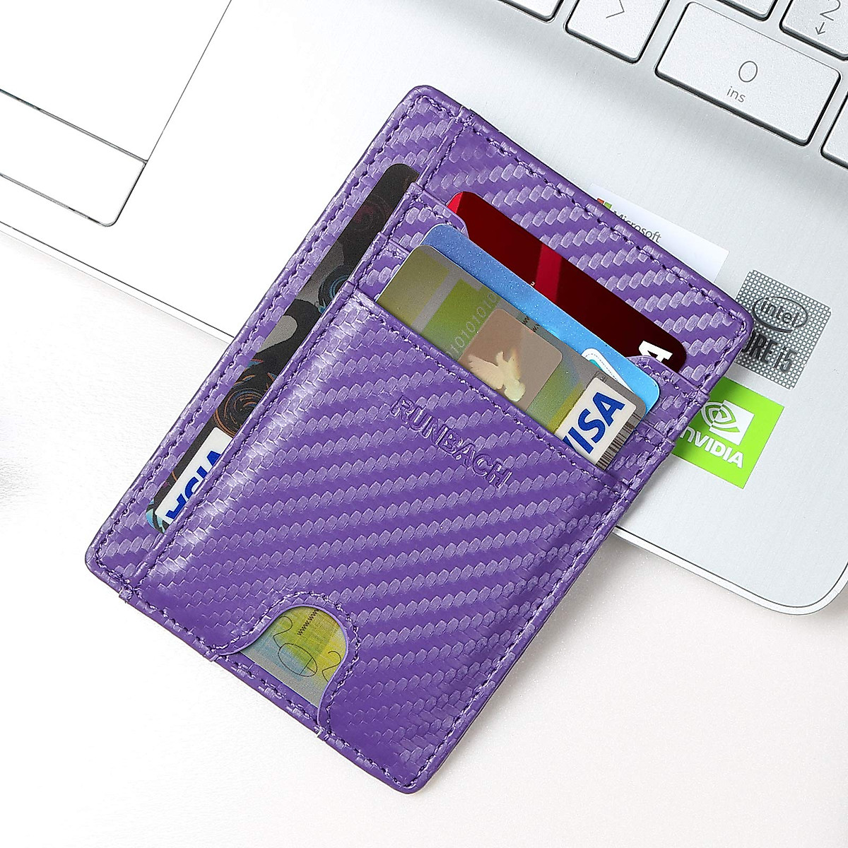RUNBACH Slim Wallet,Minimalist Thin Front Pocket Leather Wallet RFID Blocking Secure Card Holder for Men Women,Gift-Boxed (Purple)