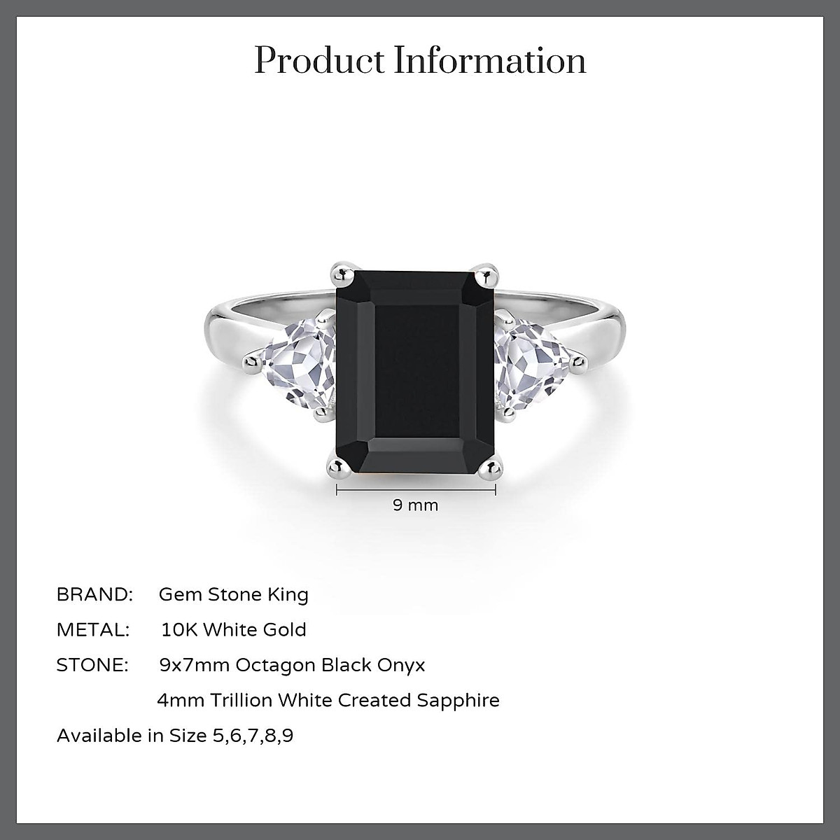Gem Stone King 10K White Gold Black Onyx and White Created Sapphire 3-Stone Engagement Ring | 2.74 Cttw | Emerald Cut 9X7MM | 3 Stone Wedding Anniversary Promise Ring For Women (Size 8)