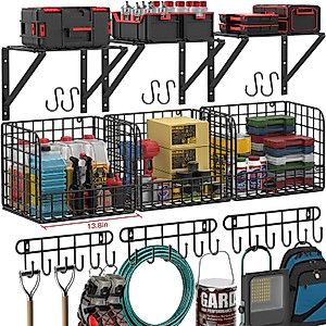 TomCare 3 Pack Garage Shelving Heavy Duty Garage Storage Shelves with Wire Baskets Laundry Room Shelves Wall Mounted Shelves with Hooks Tool Organizer for Shed Garden Kitchen Organization and Storage