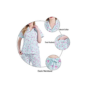 GLOBAL Women's 100% Cotton Pajama Sets | Two-Piece Soft Short-Sleeved and Long Pants PJs for Spring and Summer | Button Down Front Top and Drawstring Waist Bottom Nightwear