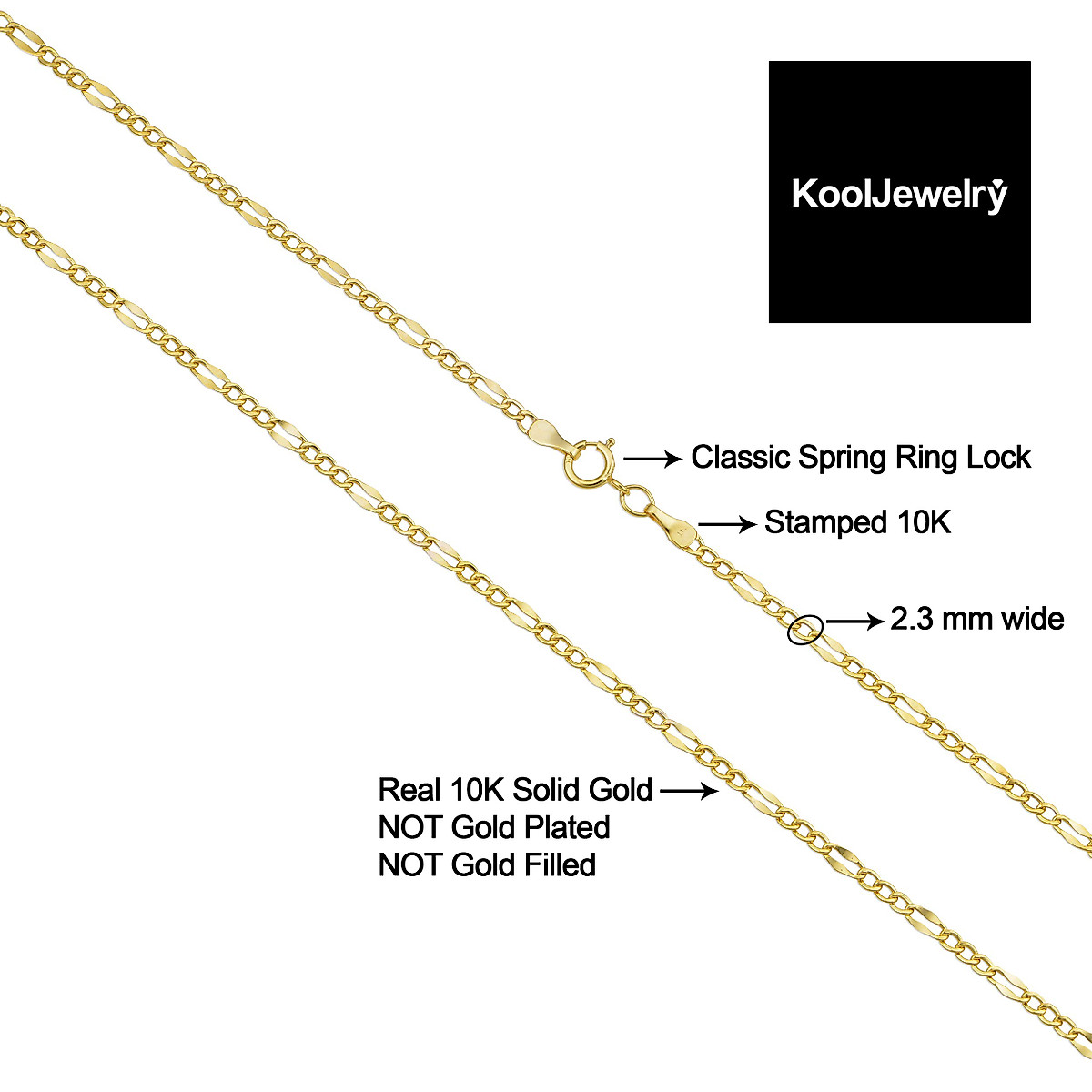 Kooljewelry 10k Solid Yellow Gold 2.3 mm Figaro Link Chain Necklace (20 inch)