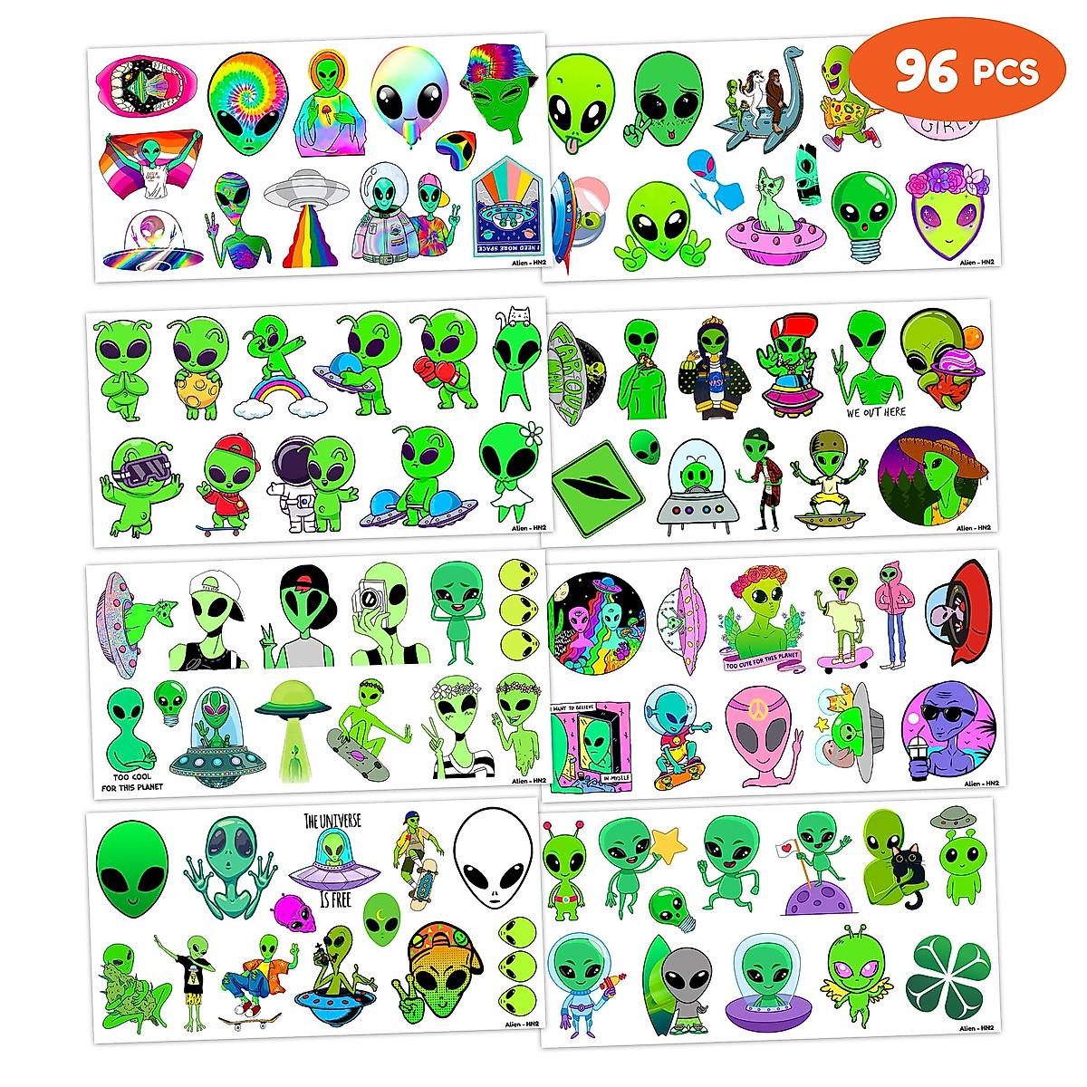 96PCS Cute Alien Temporary Tattoos Themed Birthday Party Decorations Supplies Favors Decor Funny Outer Space Galaxy Stickers Tattoo Gifts for Girls Boys School Prizes Carnival Halloween Christmas