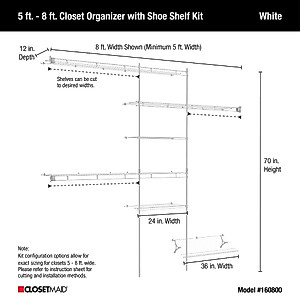 ClosetMaid 1608 Closet Organizer Kit with Shoe Shelf, 5-Foot to 8-Foot, White