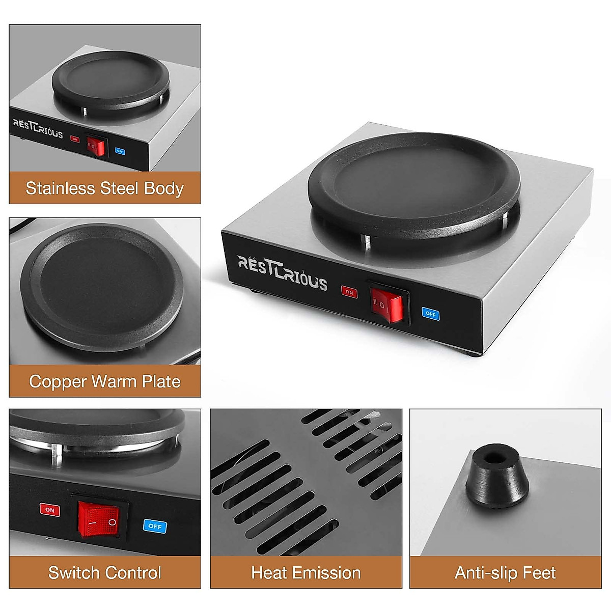 Restlrious Commercial Coffee Warmer Single Burner Decanter Warmer Plate, Stainless Steel Portable Warmer for Standard Glass Decanter, Suitable for Cafe, Break Room, Buffet, Event and Commercial Use