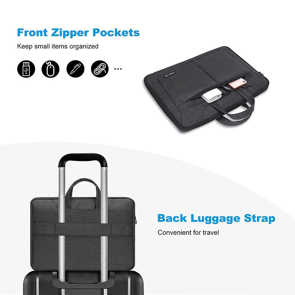 MOSISO Laptop Shoulder Bag, 15.6 inch Laptop Sleeve Compatible with MacBook, HP, Dell, Lenovo, Asus Notebook, 15 inch Fully Open Zipper Computer Bag with Front Pocket & Handle & Belt, Black