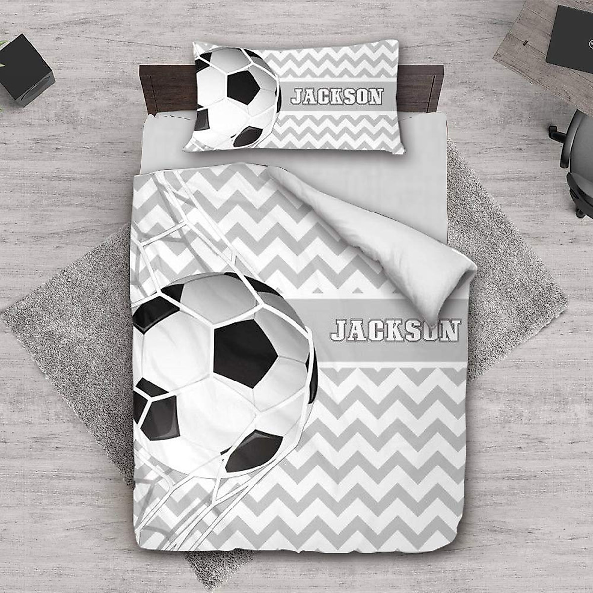 2pc Kids Personalized Soccer Duvet Cover Set Twin Size, Sports Theme Microfiber Comforter Cover Set, Custom Bedding Quilt for Soccer Kids