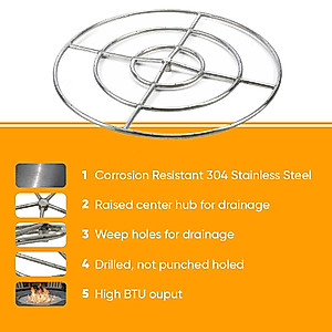 Spotix HPC Round Match Lit Fire Pit Burner Kit with 18-Inch Stainless Steel Burner and 24-Inch Flat Pan, Natural Gas, Polished Chrome, with Flange, Key, Valve, Flex Line and Fittings