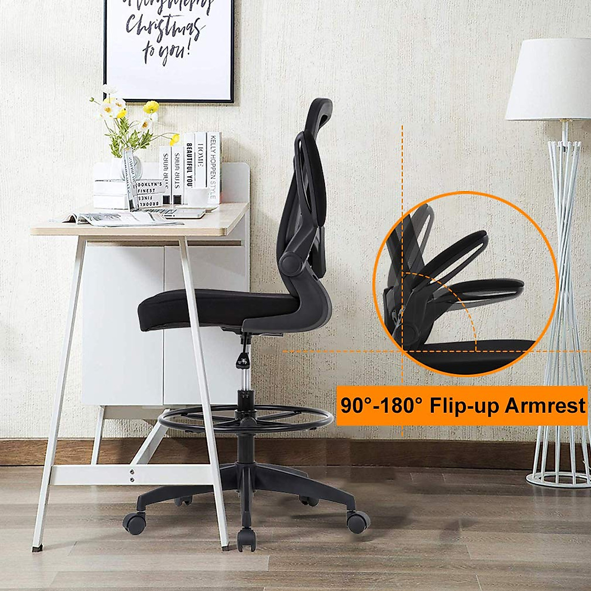 Drafting Chair Tall Office Chair Adjustable Height with Lumbar Support Flip Up Arms Footrest Mid Back Task Mesh Desk Chair Computer Chair Drafting Stool for Standing Desk, Black