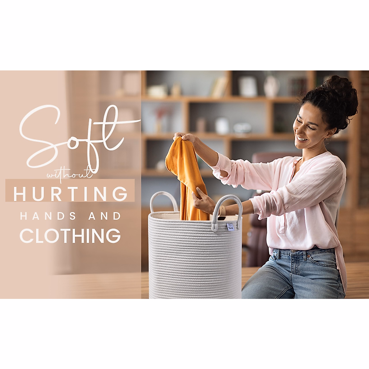 Woven Cotton Rope Basket Laundry Hamper with Dust Cover, Multi-Functional Storage for Clothes, Blankets, Toys, for Nursery, Bathroom, Bedroom, Dorms - Collapsible, Large, 14”x14”x17”, White