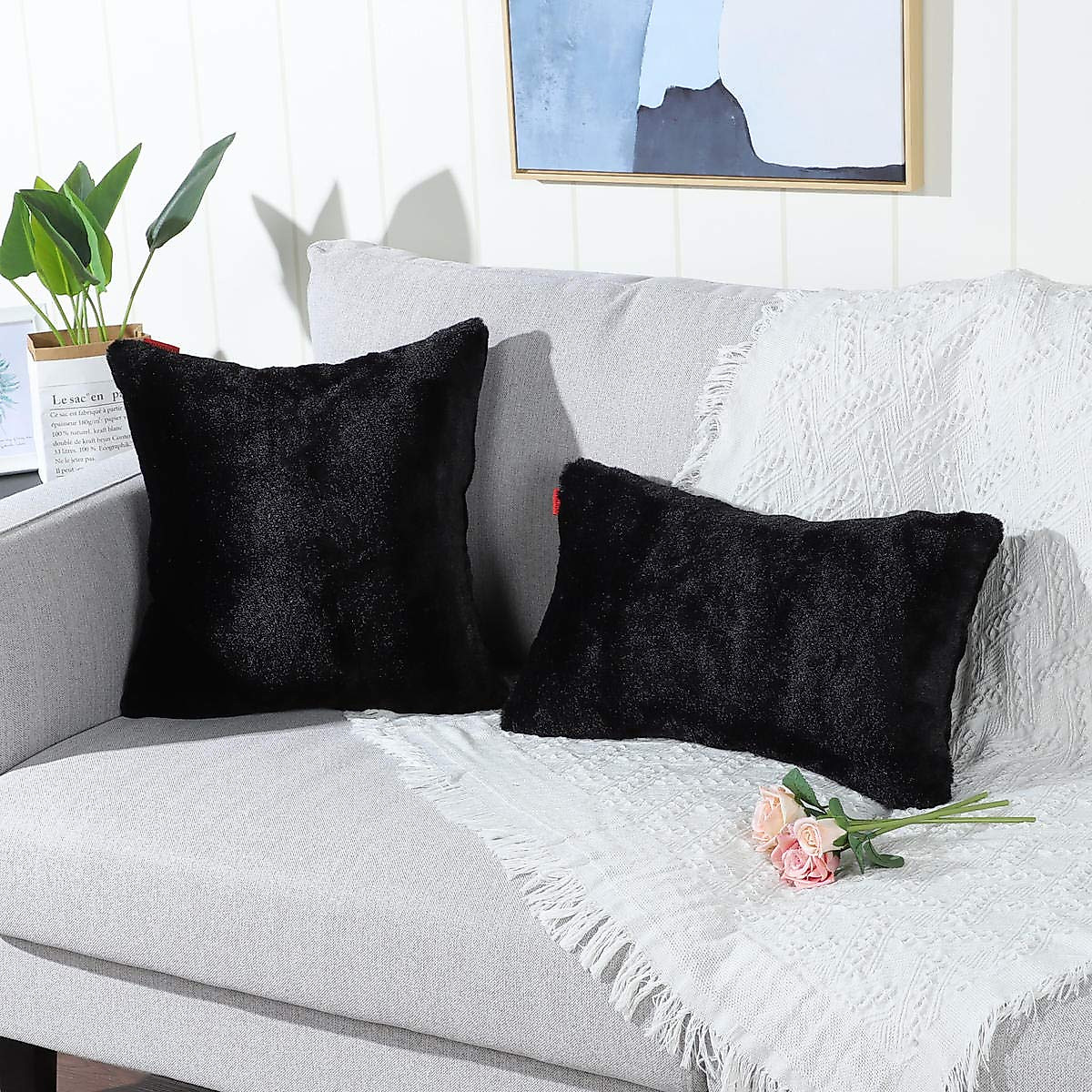 MANDIOO Pack of 2 Black Faux Fur Fuzzy Cozy Soft Decorative Throw Pillow Covers Lumbar Set Cushion Cases Pillowcases for Sofa Bedroom Car 12x20 Inches