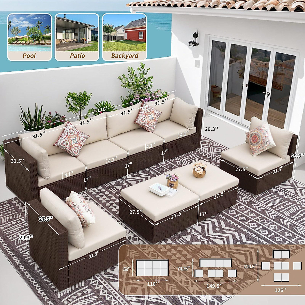 NICESOUL 8 Seat 29.3'' High Back Outdoor Furniture Set, Extra Large Brown PE Rattan Patio Conversation Sets, Deep Seating Modular Sectional with Ottoman, Oversized Conversations for Backyard, Beige