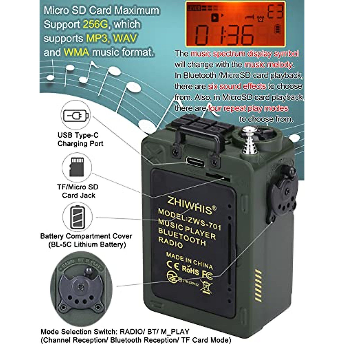 ZHIWHIS Shortwave Radio, MP3 Player with Weather Radios Portable AM FM, Retro Bluetooth Speaker with 6 EQ Modes, Rechargeable Alarm Clock Receiver with Sleep Time and NOAA Alerts ZWS-701