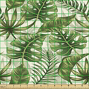 Lunarable Tropical Fabric by The Yard, Rainforest Island Jungle Foliage Pattern Green Leaves Retro Nature, Decorative Fabric for Upholstery and Home Accents, 1 Yard, Olive Green