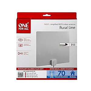 One For All Amplified HDTV Antenna for 1080P 4K Free TV Channels, 60 Miles Long Reception Range, External Signal Booster and 10ft Coax Cable Included, Thin Dual Color Design White/Black, Model 14551