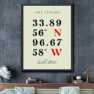 Map of Lake Texoma, United States, Multiline Coordinates Colored (8x10)