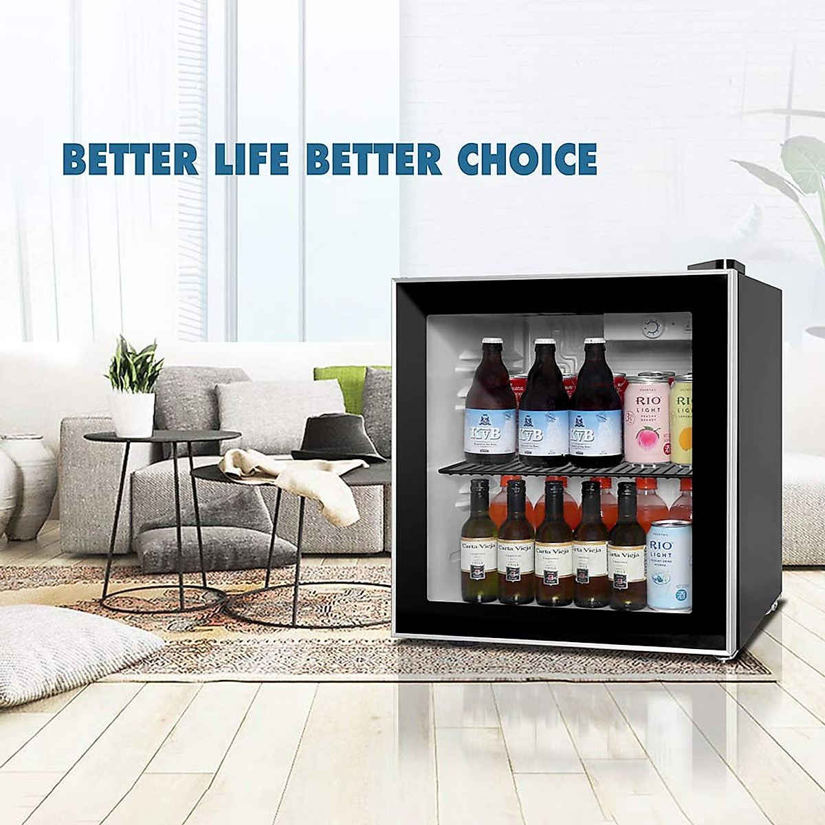 WATOOR Wine Cooler and Beverage Refrigerator 1.6 Cubic Feet 60 Cans Mini Fridge with Glass Reversible Door for Soda Beer or Wine