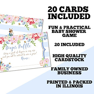 Little Rabbit Floral Themed Diaper Raffle Tickets for Boy Baby Showers, 20 2" X 3” Double Sided Insert Cards for Games by AmandaCreation, Bring a Pack of Diapers to Win Favors & Prizes!