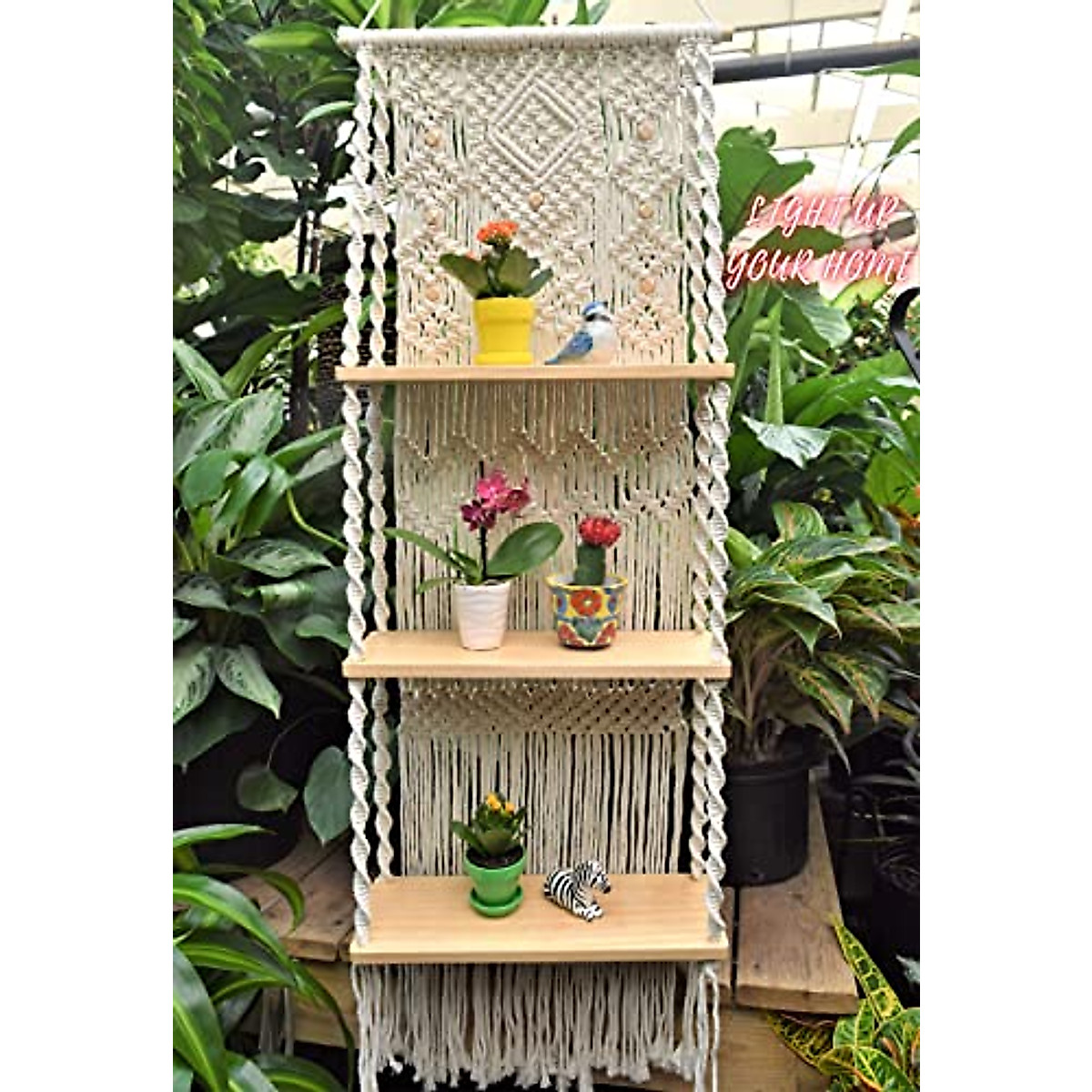 Macrame Wall Hanging Shelf-ideal décor-plants storage bookshelf-Bohemian Decorative Shelves-Boho Floating Indoor Shelving–For bedroom kitchen bathroom room with window Plant hanger 3 Tier Diamond