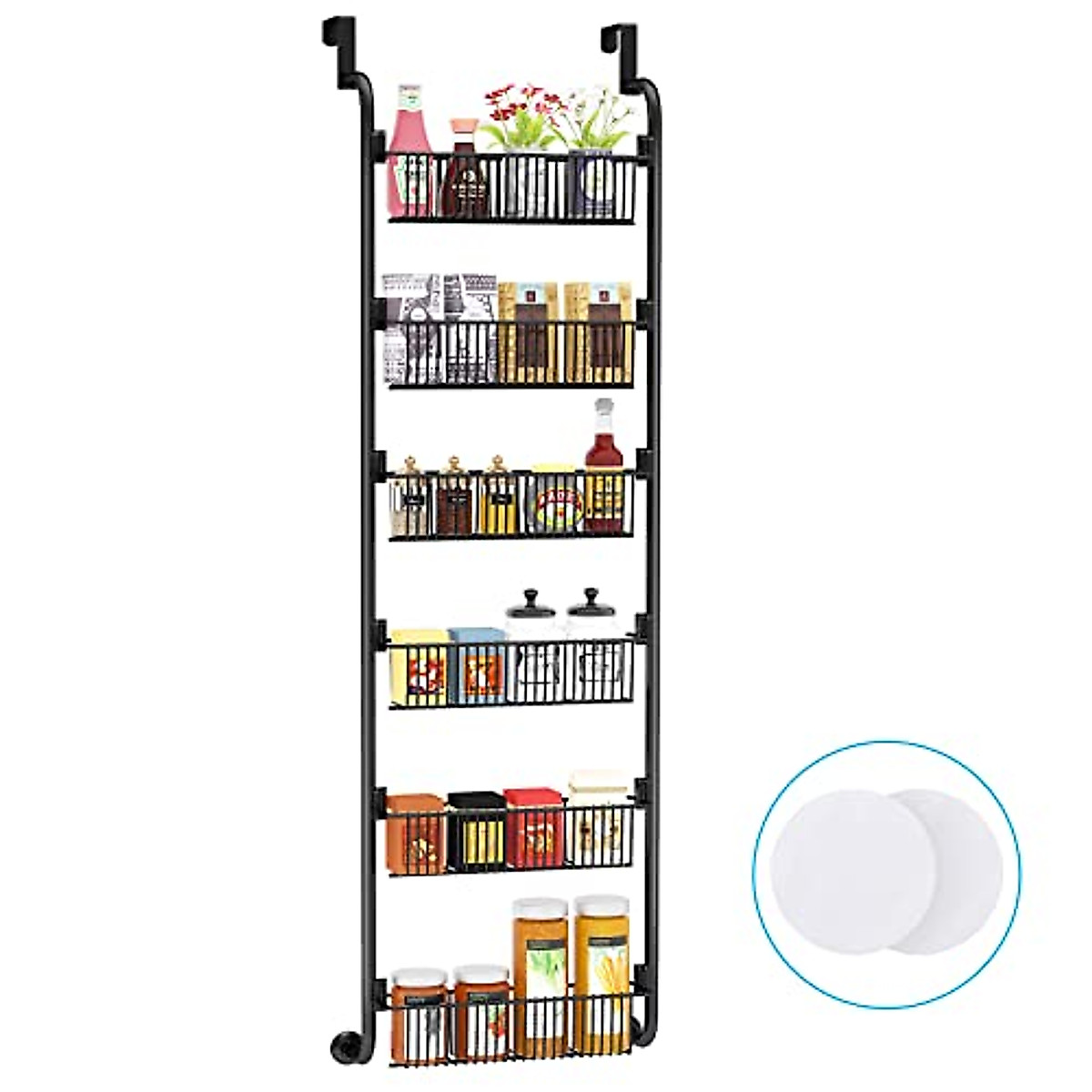 1Easylife 6-Tier Over the Door Pantry Organizer, Heavy-Duty Metal Pantry Door Organizer with 6 Baskets, Hanging Storage Door Organization Kitchen Spice Rack (6x4.72"Width Baskets, Black)