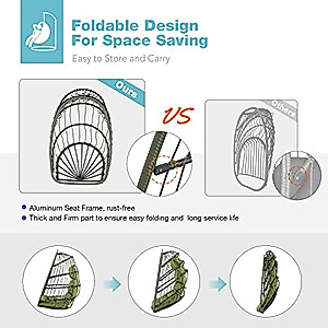 Patiorama Indoor Outdoor Egg Swing - Rattan Hanging Chair w/Cushion, 350lbs Capacity, All Weather Foldable Hammock Chair for Bedroom, Porch (Olive Green)