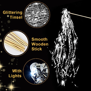 24pcs Lighted Wedding Wands Send off, LED Ribbon Stick with Shiny Foil Tinsel Glitter Hand Light up Streamers for Bridal Baby Shower Birthday Party Celebration (Silver)