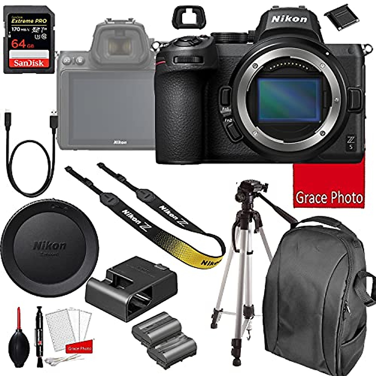 Grace Photo | Nikon Intl. Z5 Mirrorless Digital Camera 24.3MP (Body Only)+ 64GB Extreem Speed Memory Card +Accessory Bundle (19 Pieces)