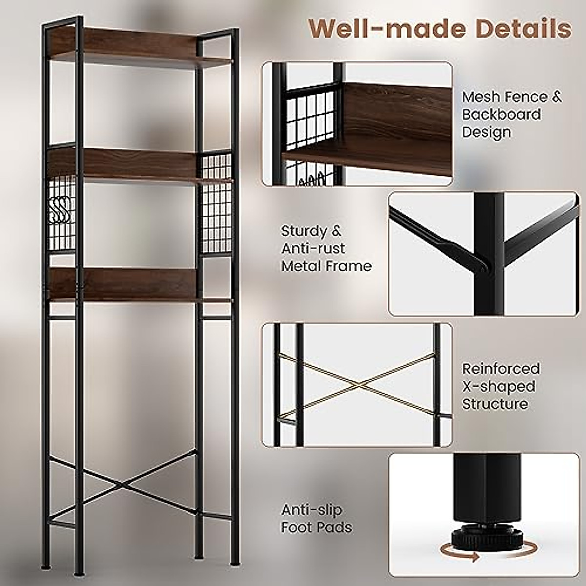 Giantex Over-The-Toilet Storage Shelf, 3-Tier Bathroom Space Saver with 3 Hooks, Industrial Tower Rack for Restroom, Kitchen, Freestanding Bathroom Organizer (Rustic Brown)