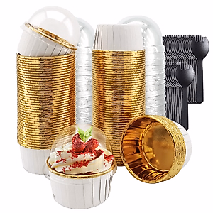 Cupcake Liners With Dome Lids 100 Pack,LNYZQUS 5.5 Oz Foil Cupcake Tins Baking Cups,Disposable Ramekins Muffin Tins,Large Cupcake Cups Cupcake Wrappers Holders,with Spoons-White in Gold