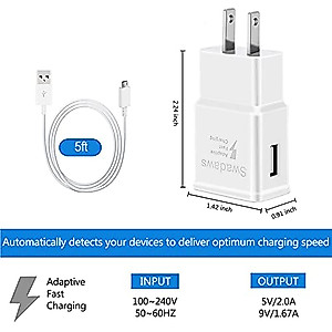 Adaptive Fast Android Charging Wall Charger with 5-Feet Micro USB Cable for Samsung Galaxy S7/S7 E/S6/S6 E/S5/Note5/4 /S4/S3/S2/J7 J7V J5 J3 J3V J2, LG G2 G3 K20, Moto E4 E5 E6, Tablet (2 Pack, White)