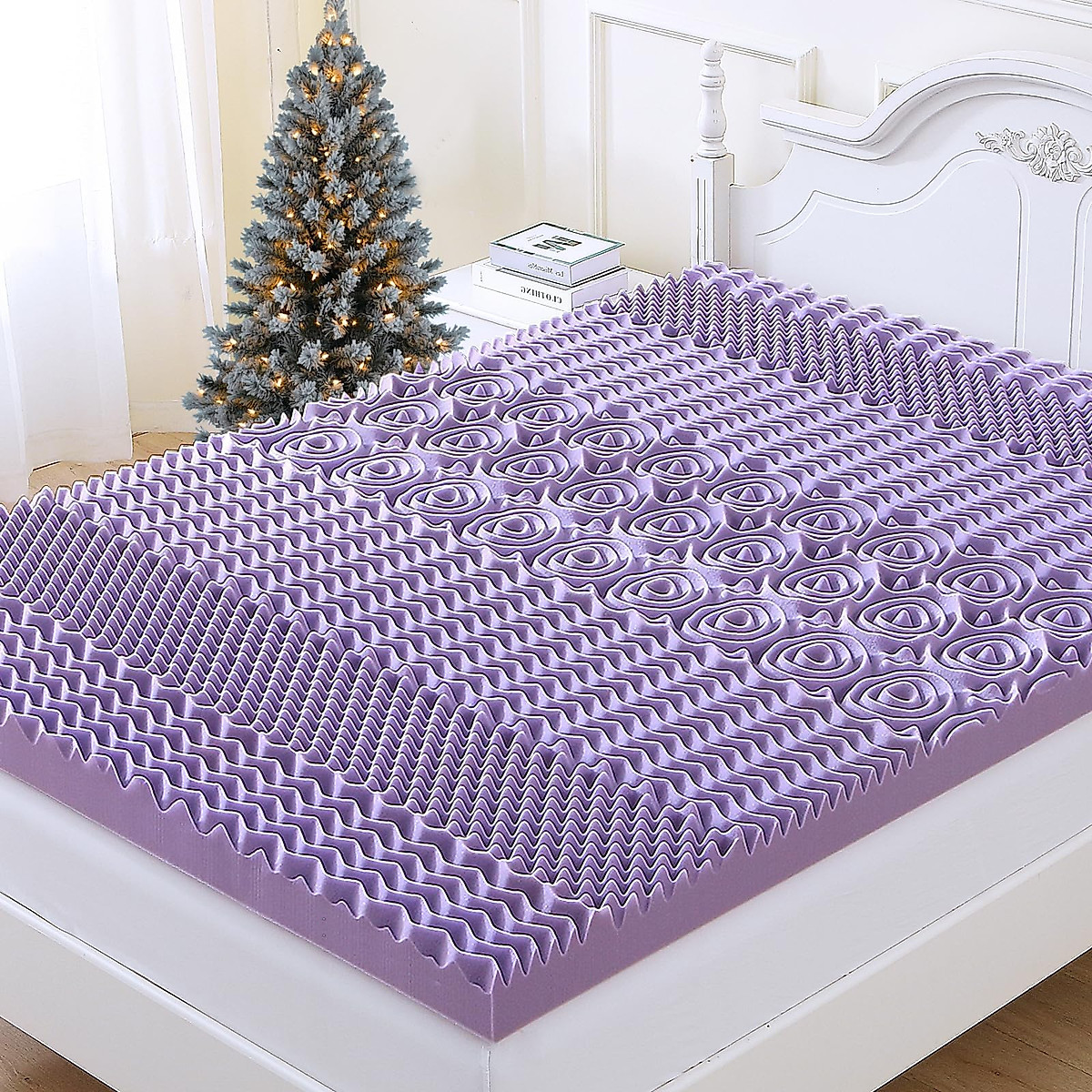 MUXHOMO 3 Inch 7-Zone Queen Mattress Topper, Egg Crate Foam Mattress Topper Queen Size for Back Pain, Lavender Cooling Gel Infused Mattress Pad, CertiPUR-US and Oeko-TEX Certification (60"×80")