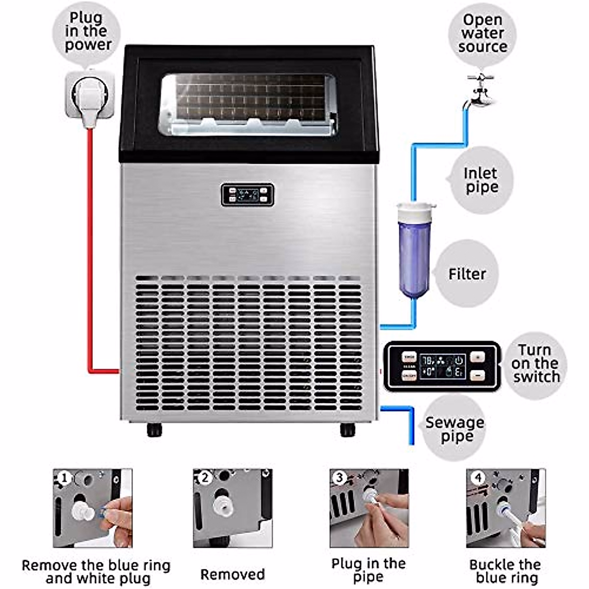 Kismile Commercial Ice Maker, Freestanding Square Ice Cube Maker 100lbs/24h, 28lbs Storage Bin, Full Heavy Duty Stainless Steel Construction, Ice Maker Machine for Home Bar