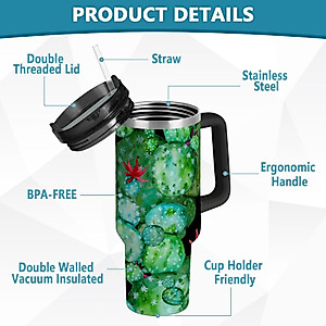 Yasala Car Tumbler with Handle Green Cactus Watercolor Travel Mug Coffee Cup Insulated Beverage Container Mega Cup for Hot Cold Drinking Thermos Water Bottle Cupholder Friendly 40 oz