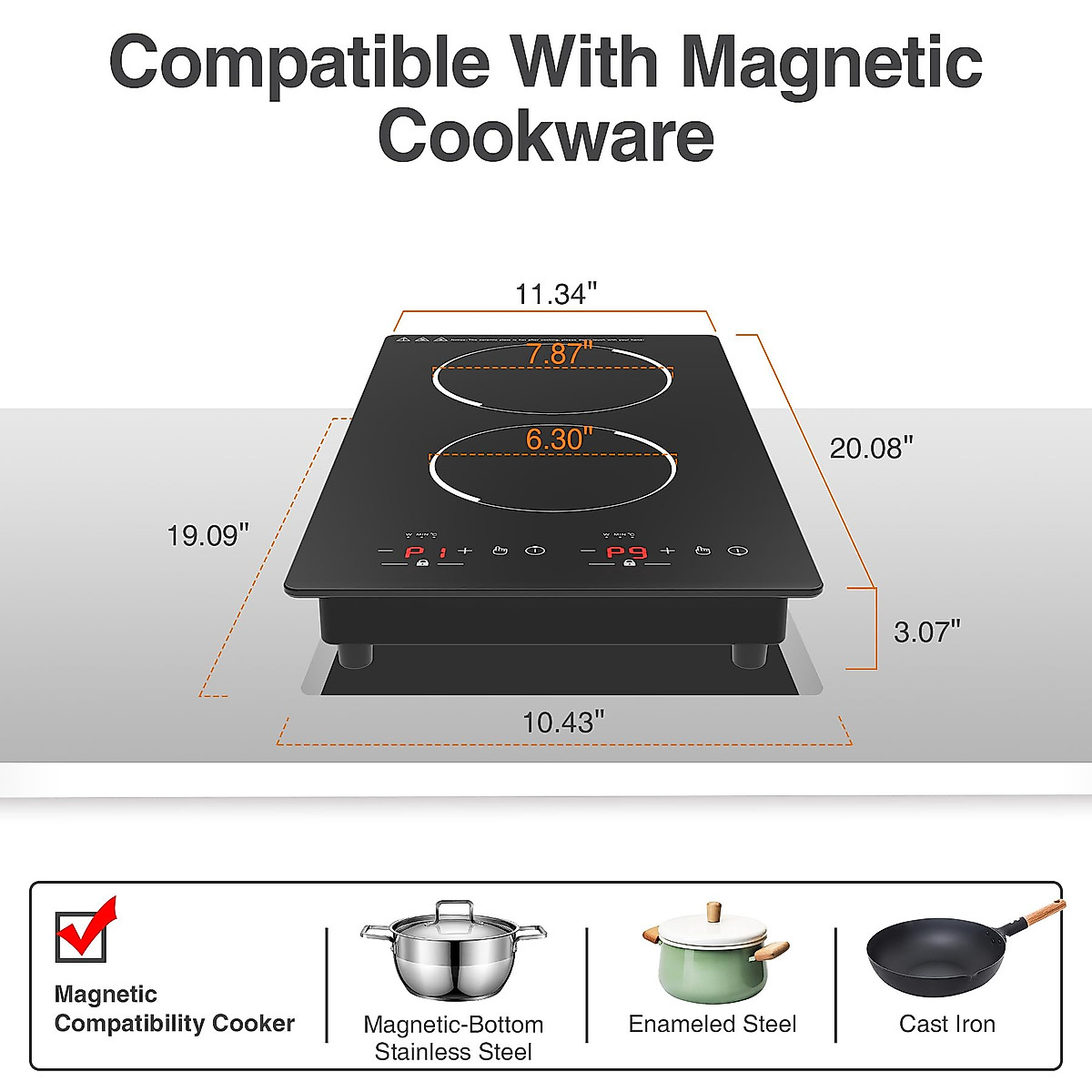 GIHETKUT Double Induction Cooktop, 110V Electric Cooktop 2300W Electric Stove Top with 2 Burner Independent Control, Ultrathin Body, 9 Temperature, Multiple Power Levels, 2 Hour Timer, Safety Lock