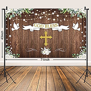 God Bless Baptism Backdrop First Holy Communion Party Decorations Christening Ceremony Newborn Baby Shower Banner Rustic Wood White Floral Ribbon Photography Background Decor Supplies 71 x 43 Inch