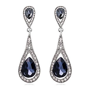 Extra Large Long Antique Vintage Retro Deco Gatsby Flapper Style Dark Navy Midnight Sapphire Blue Rhinestone Dangle Earrings