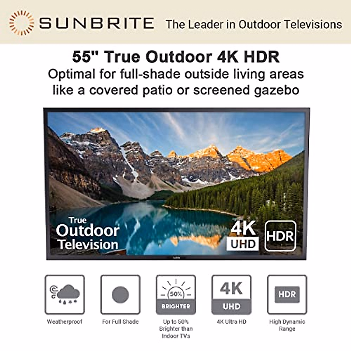 SunBrite Veranda 2 Series 55-inch Full Shade Outdoor TV | 4K Ultra HD HDR LED Weatherproof Television - Direct Lit LED Screen with All-Weather Remote (SB-V-55-4KHDR-BL)