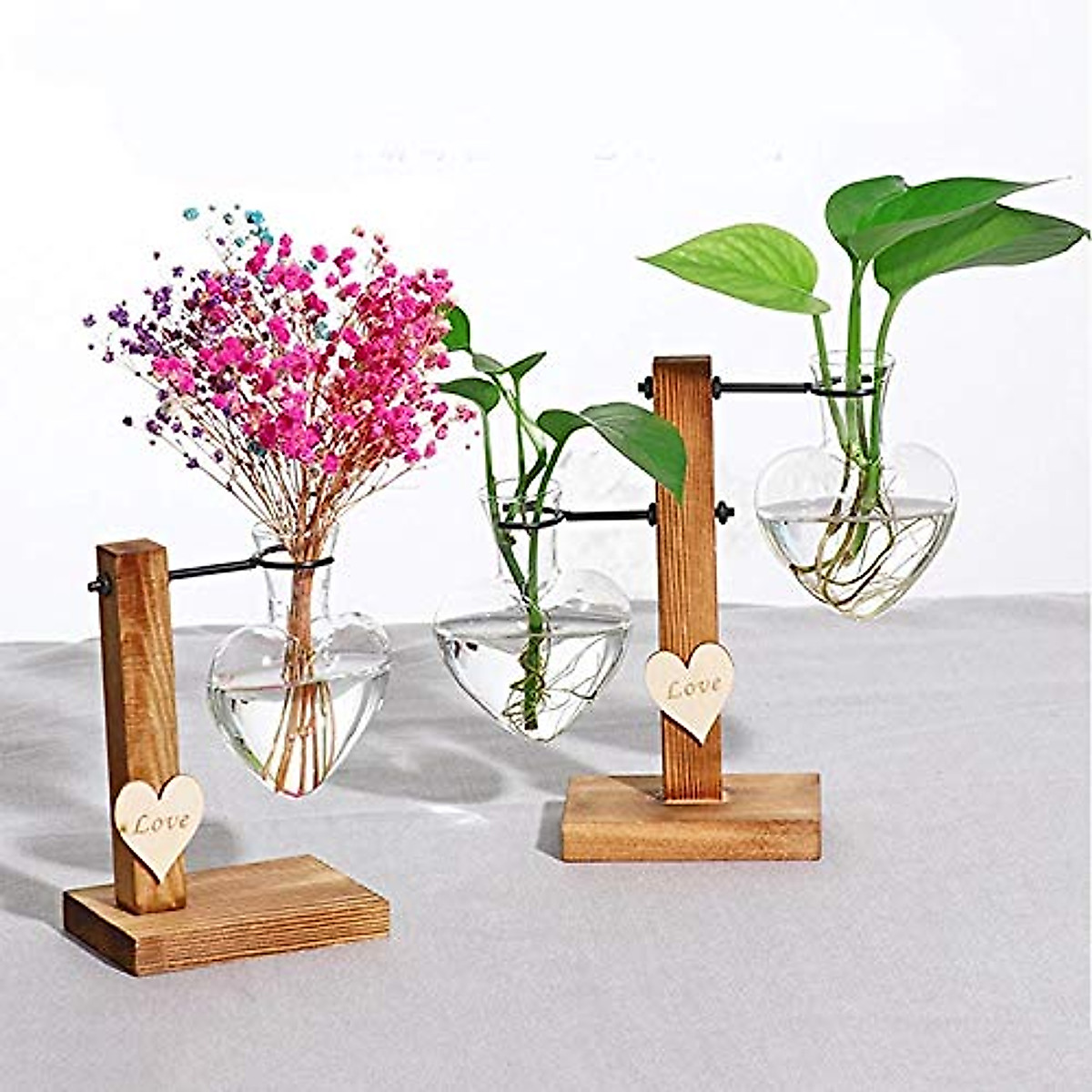 Beatae Hydroponic Glass Planter, Heart Shaped Glass Vase with Retro Solid Wood Stand Glass Flower Pot for Home Garden Office Wedding Decoration