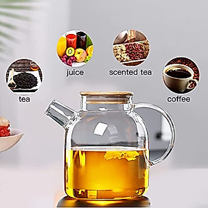 SITIEPA Glass Tea Pot Kettles Stovetop Safe, 60.8oz/1800mL Heatproof Borosilicate Glass Teapot Water Pitcher With Bamboo Lid and Removable Filter Spout for Loose Leaf and Blooming Tea