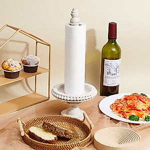 Farmhouse Paper Towel Holder Kitchen Countertop Wood Paper Towel Stand, Standing Paper Towel Dispenser Rack, White Washed Beaded Roll Paper Towel Stand and Non Woven Paper Towel for Kitchen Toilet