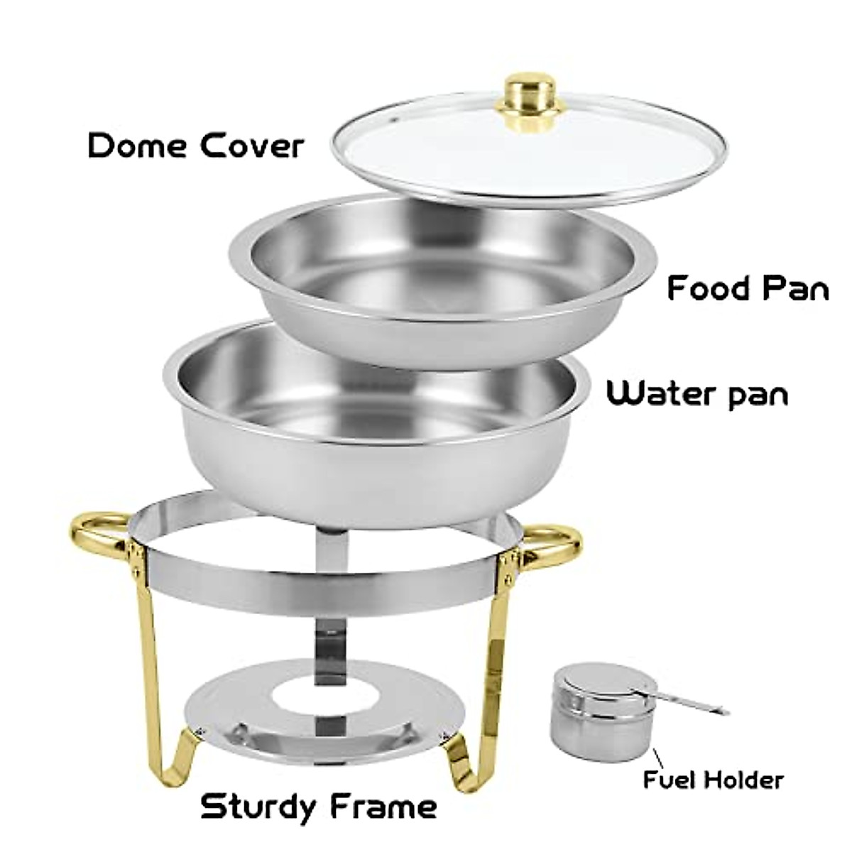 Restlrious Chafing Dish Buffet Set 3 Pack Stainless Steel Round Chafers and Buffet Warmers Set with Glass Lid in Gold Accents, 5QT Complete Set for Buffet Catering w/Water and Food Pan, Fuel Holder
