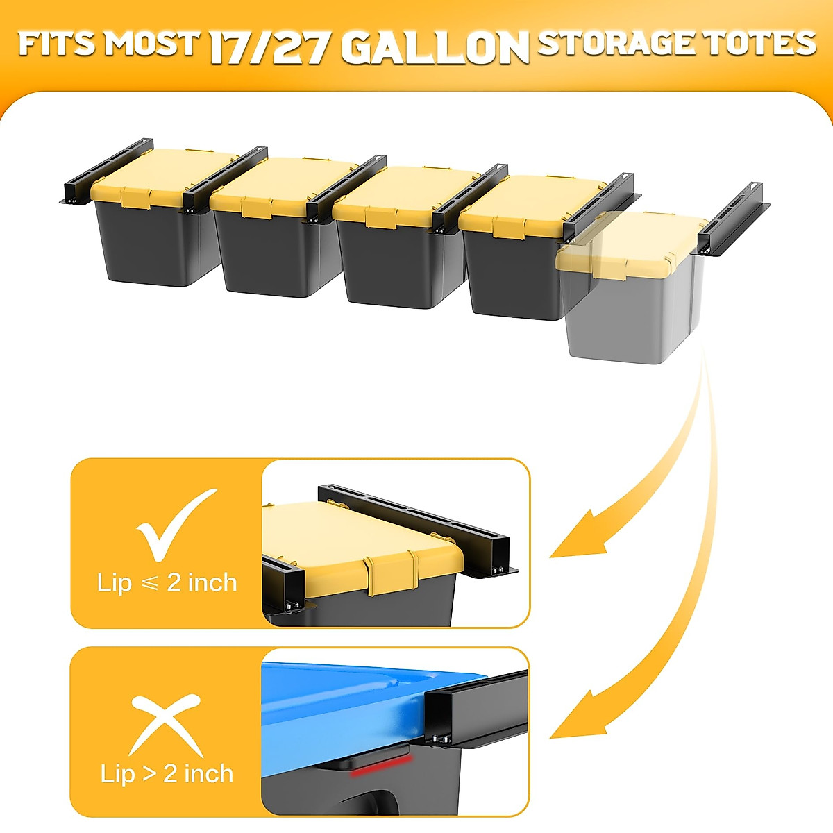 WALMANN Overhead Tote Storage Rail System, Heavy Duty Garage 16" Joists Ceiling Bin Storage Rack Adjustable Tote Slide Garage Storage System(for 5 Bins, Bins Are Not Included)