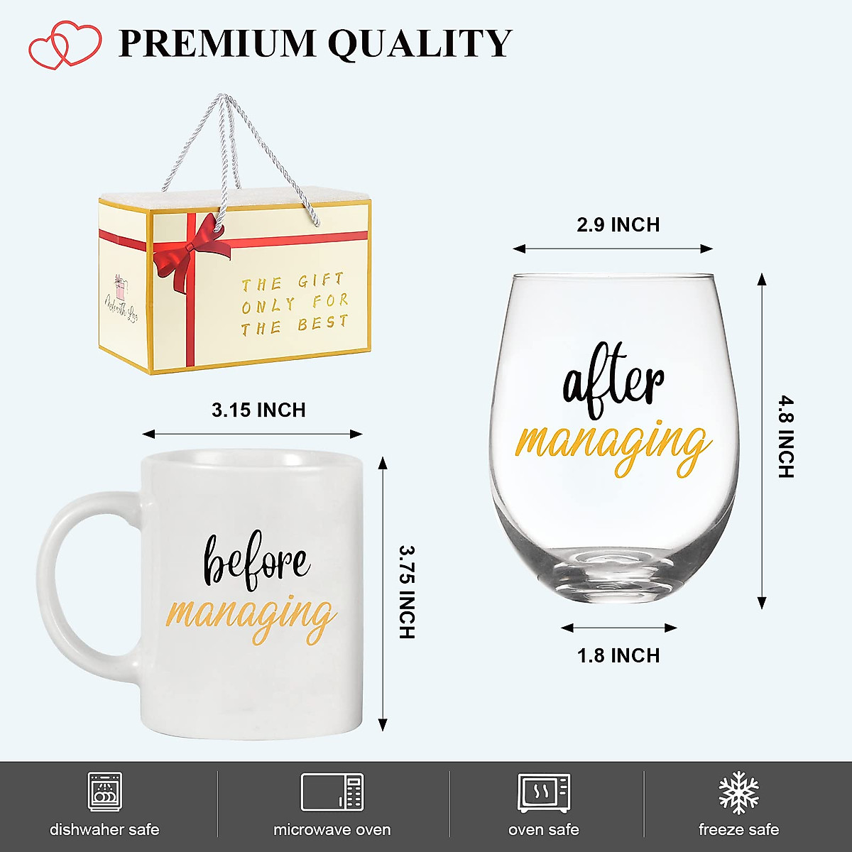Gifts for Women, Before Managing, After Managing 11 oz Coffee Mug and 18 oz Stemless Wine Glass Set, Unique Boss Lady Appreciation Gifts for Women, Her, Mom, Coworker, Manager, Teacher, Boss