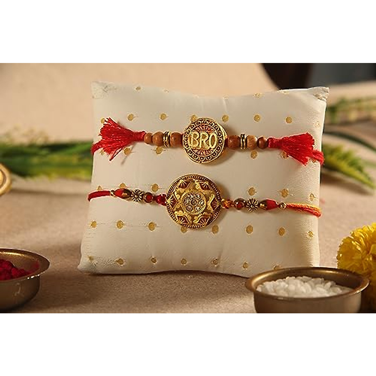 ARTISENIA Rakhi for Brother Set of 2 Rakhi Set | Raksha Bandhan Greeting Card | Roli Chawal Tika - Raksha bandhan Bro Rakhi for Brother Designer Kundan Rakhi | Rakhi for Bhaiya | Rakhi Thread RNJ002