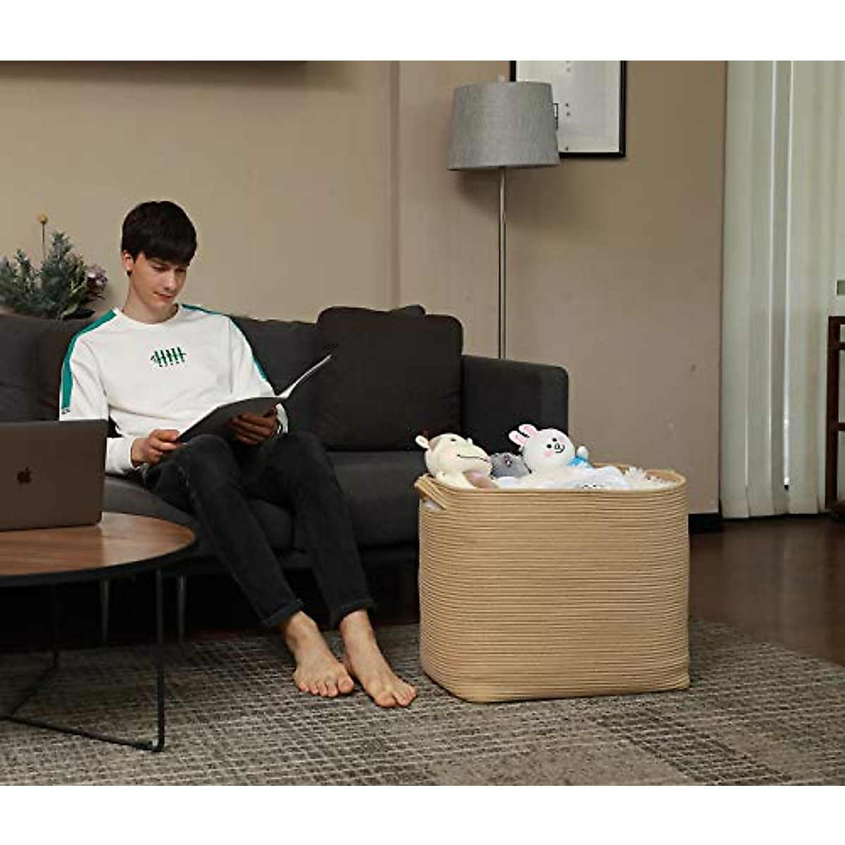 22"x14"x18" Mega Size Rectangular Extra Large Storage Basket, Cotton Rope Storage Baskets, All Beige