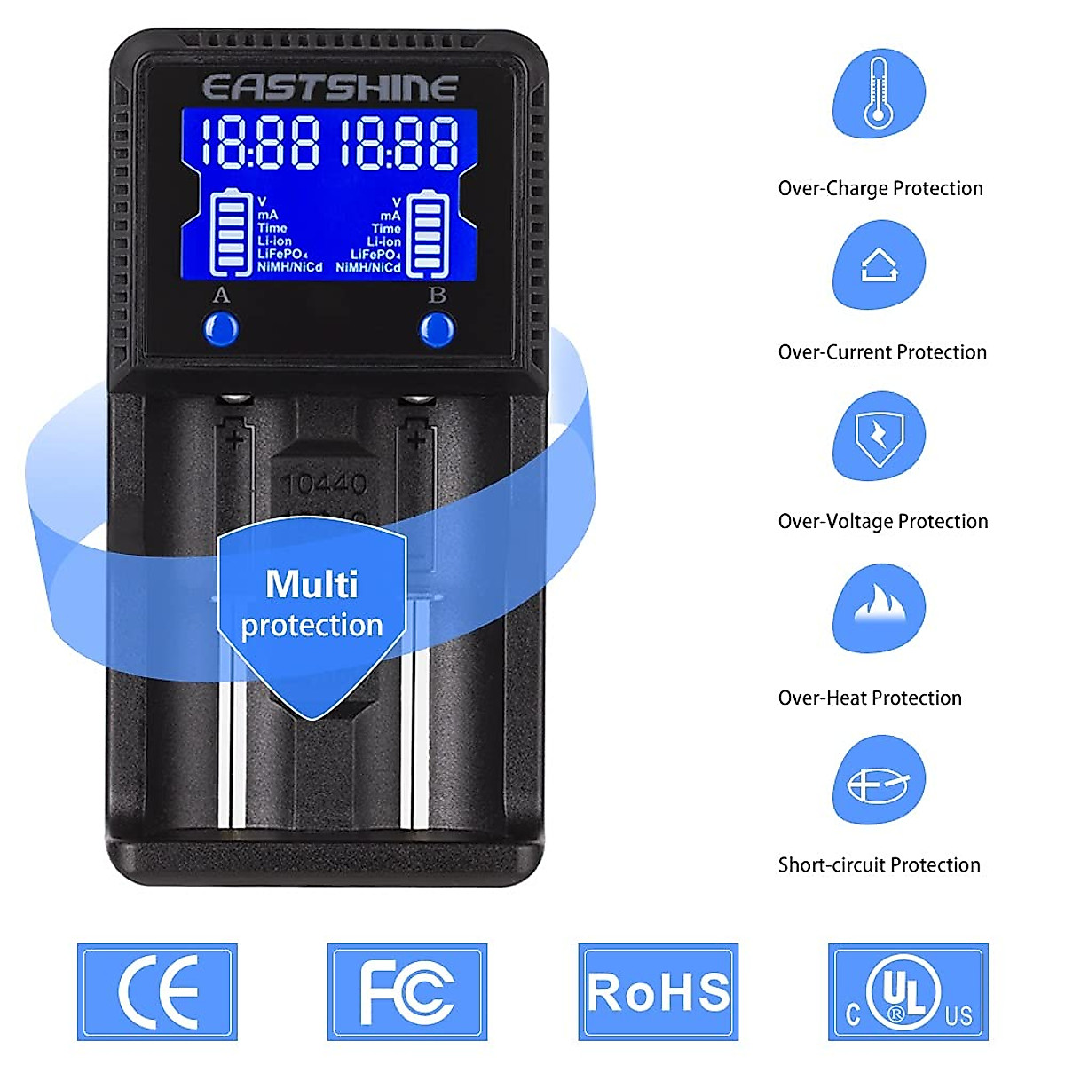 EASTSHINE Universal Smart Battery Charger 2 Slots for Rechargeable Batteries 1.2V Ni-MH Ni-Cd AA AAA C 3.2V LiFePO4 3.7V Li-ion IMR 18650 26650 21700 16340 14500 18500 10440 18350 RCR123A UL Listed