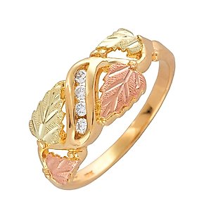 4-Stone Diamond and Grape Leaf Ring, 10k Yellow Gold, 12k Pink and Green Black Hills Gold Size 7